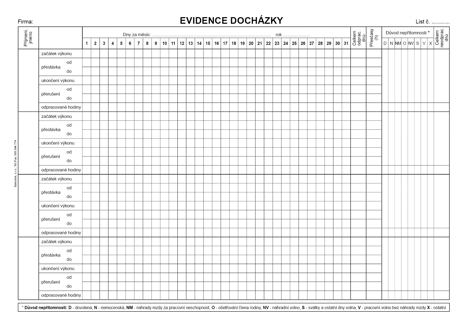 Evidence docházky A4 | Prvňáček-shop.cz